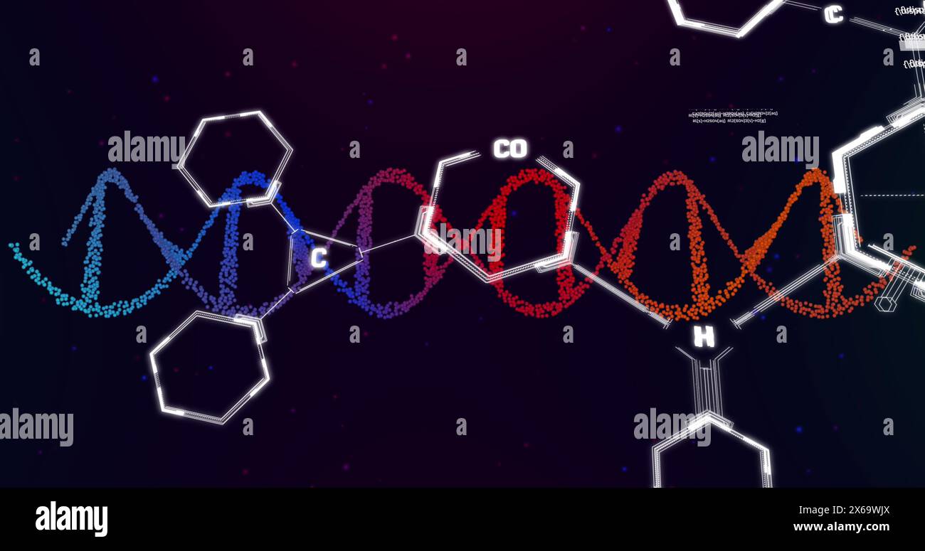 Image of dna, chemical structures and data processing against purple ...