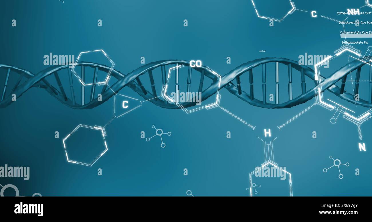 Image of dna, molecular and chemical structures against blue background ...