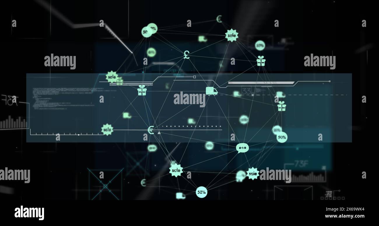 Image of hud screen with programming language and icons connected with ...
