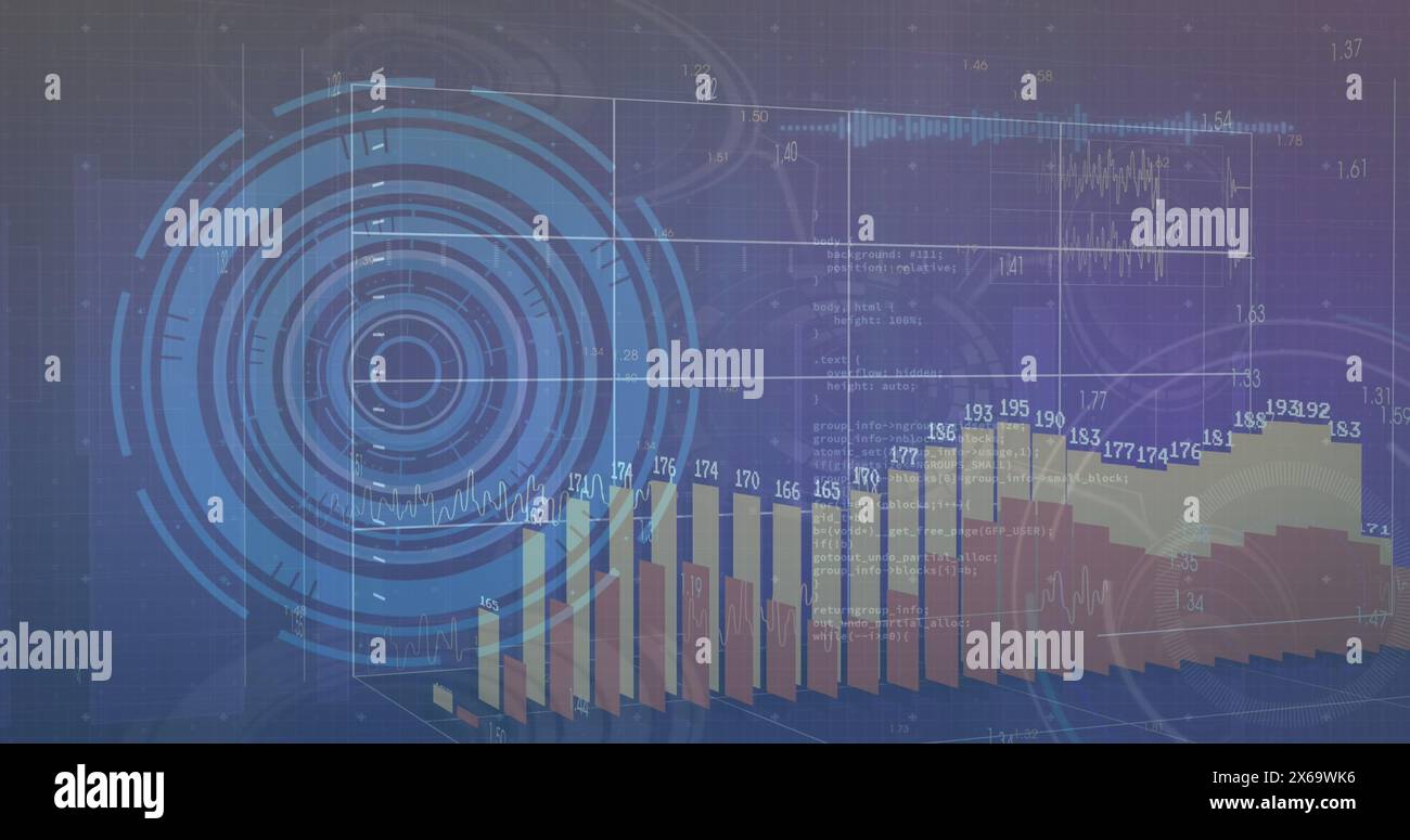 Image of graphs, changing numbers over computer language and loading circles Stock Photo - Alamy