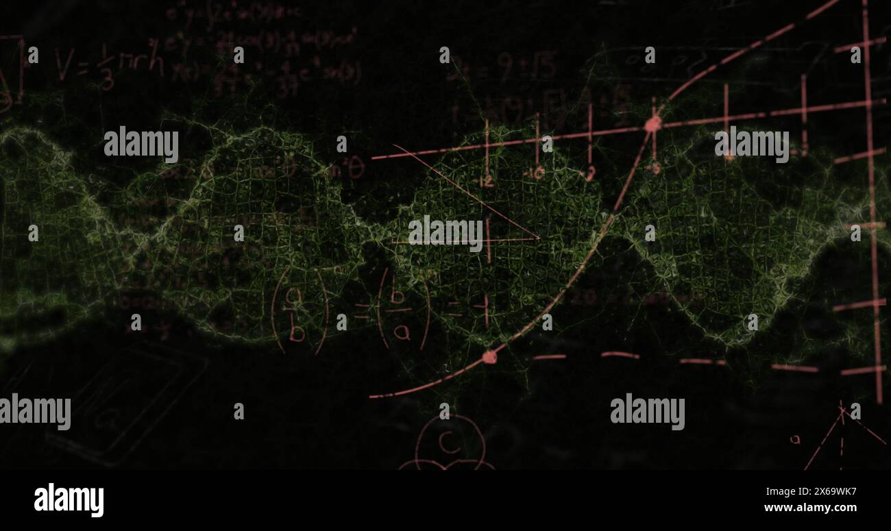 Image of mathematical equations over green digital wave against black ...
