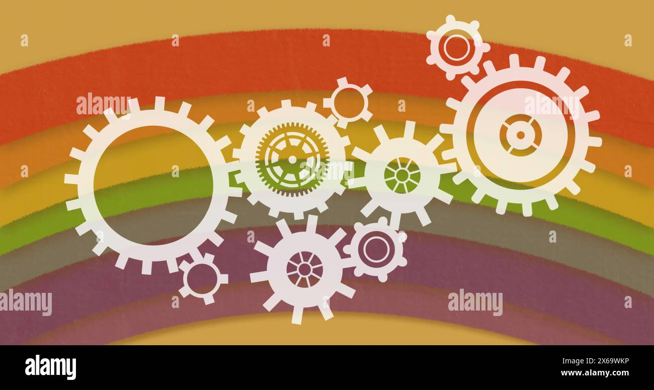 Image of cogs spinning over pattern moving on seamless loop on orange ...