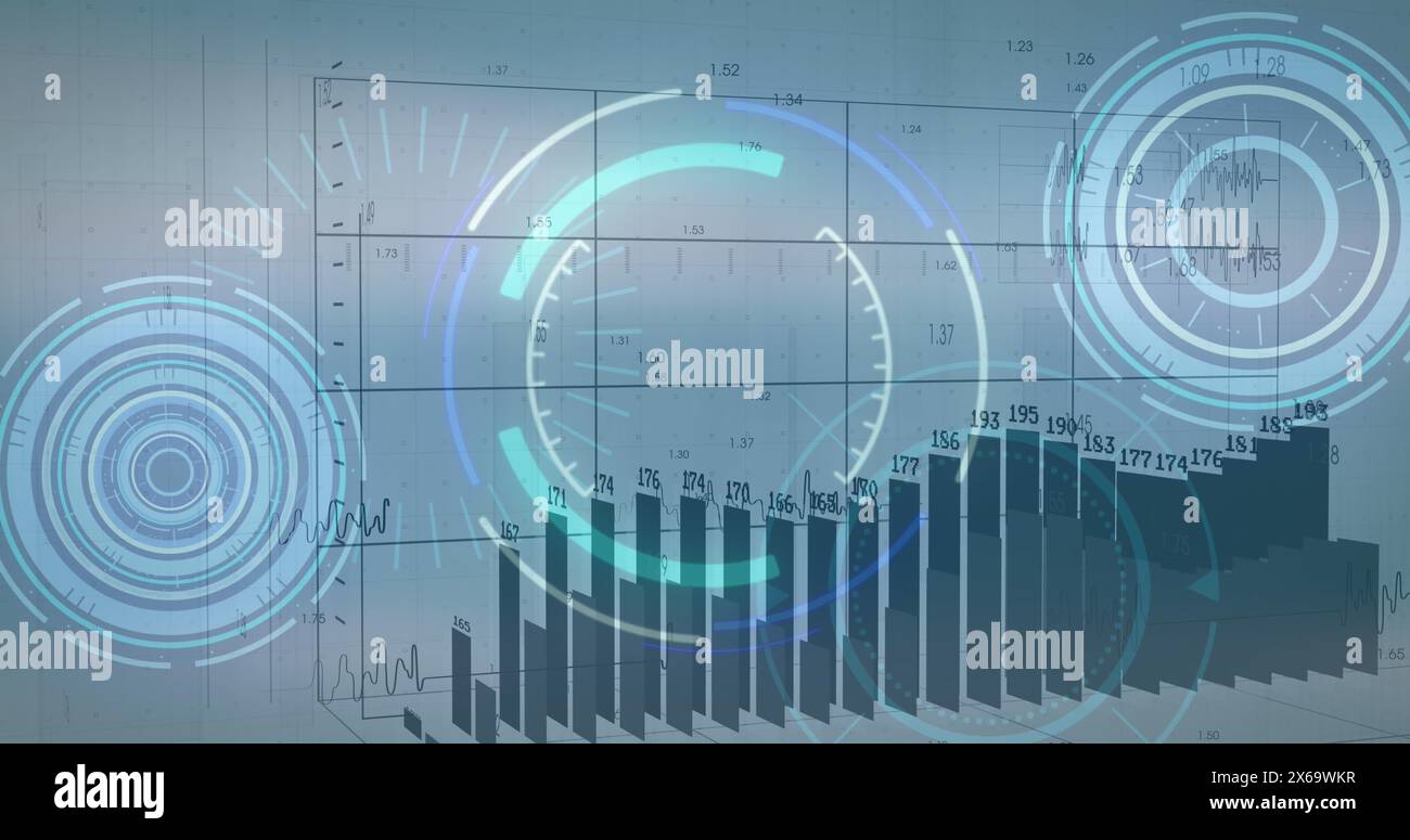 Image of graphs with changing numbers over loading circles against abstract background Stock ...