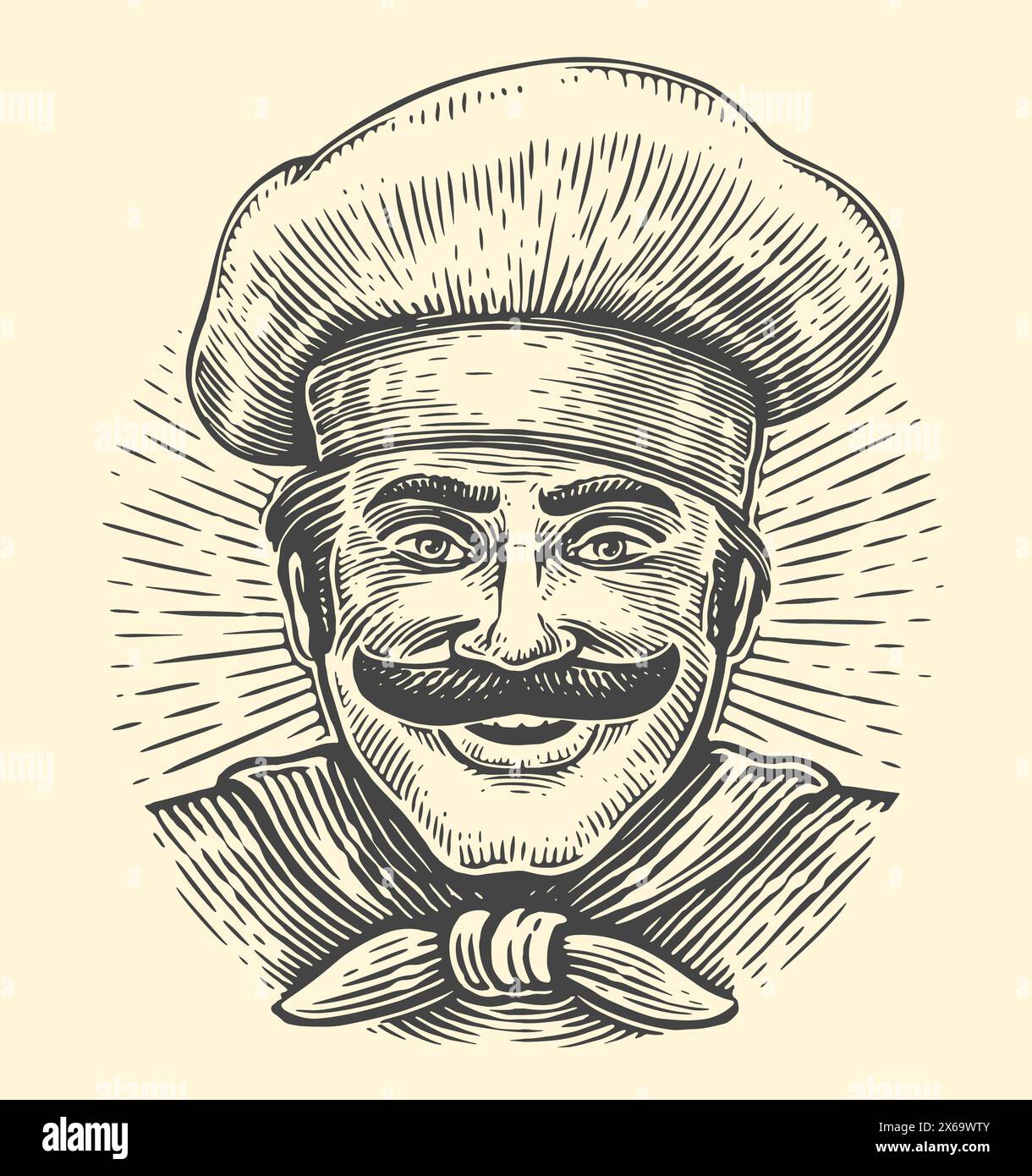 Hand drawn Chef in hat. Portrait of cook. Sketch drawing for cafe and ...