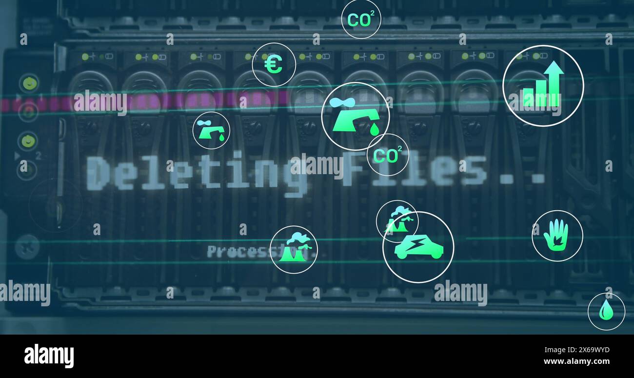 Image of icon in circles over back panel of data server system in ...