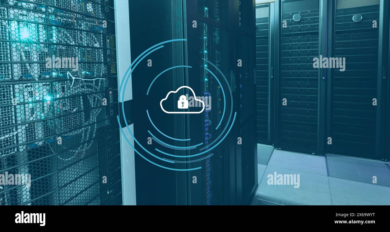 Image of padlock and cloud in loading circles over data server room Stock Photo - Alamy