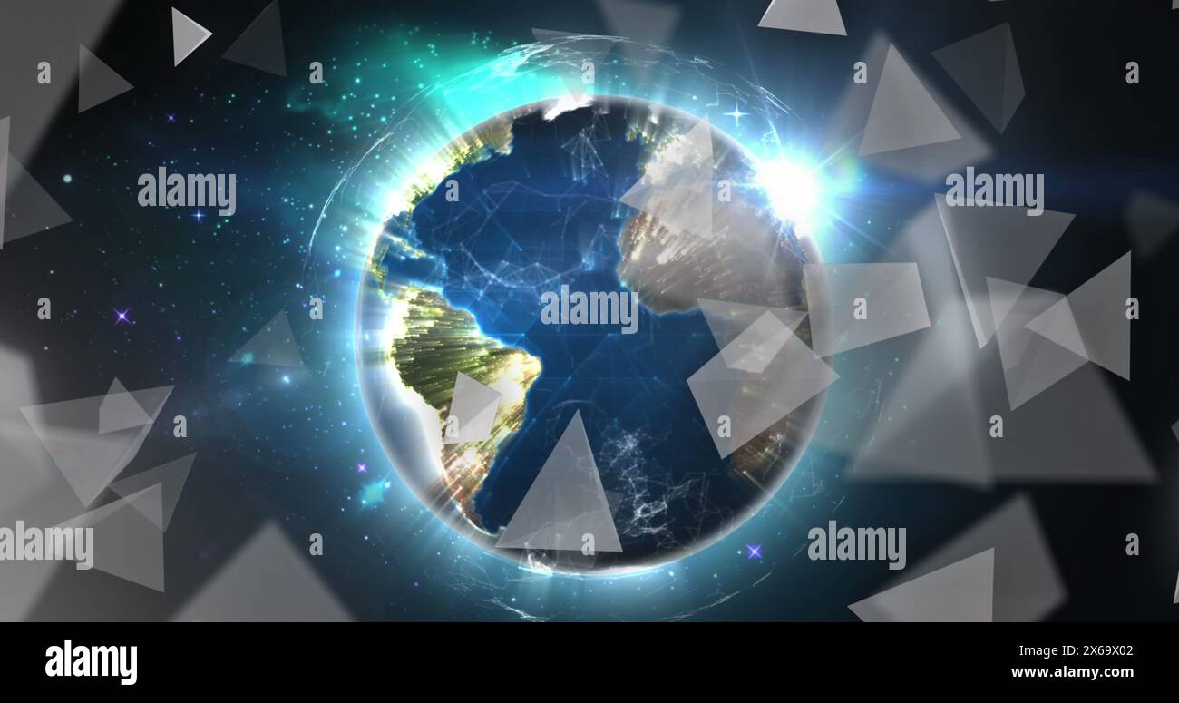 Image Of 3d Triangles And Connected Dots With Rotating Globe Over
