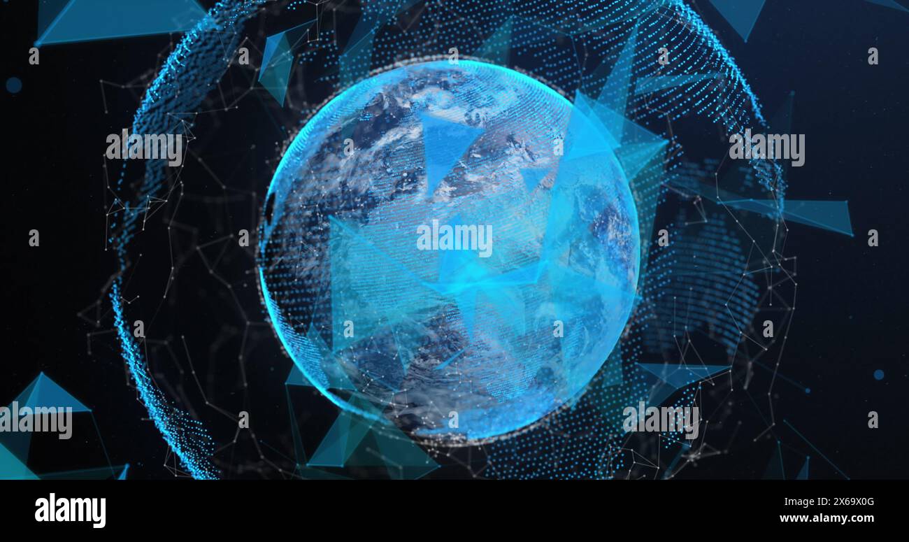 Image of triangles over connected dots around globe against abstract background Stock Photo - Alamy