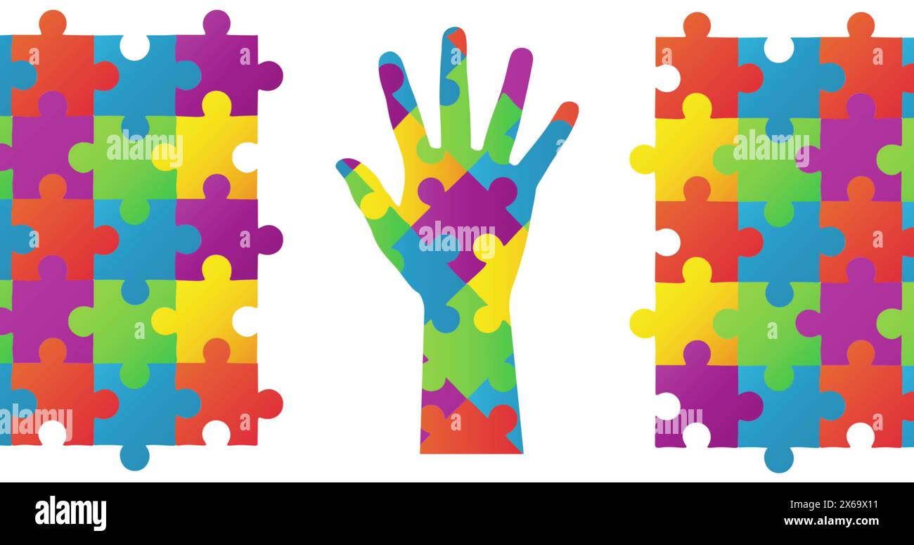 Image of autism colourful puzzle pieces forming hand on white ...