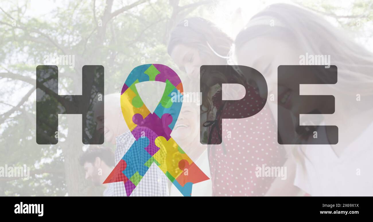 Image of colourful puzzle pieces forming ribbon and hope autism ...