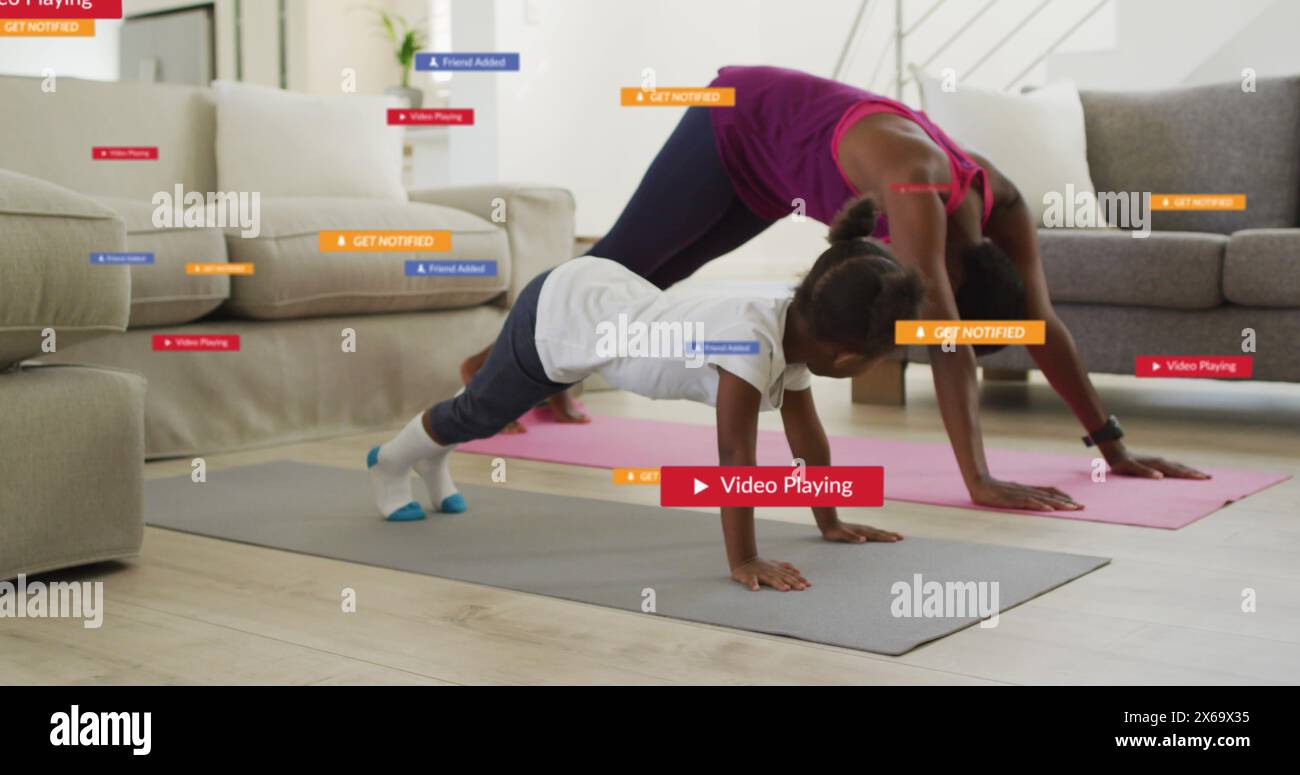 Image of social media icons and text over mother and daughter ...