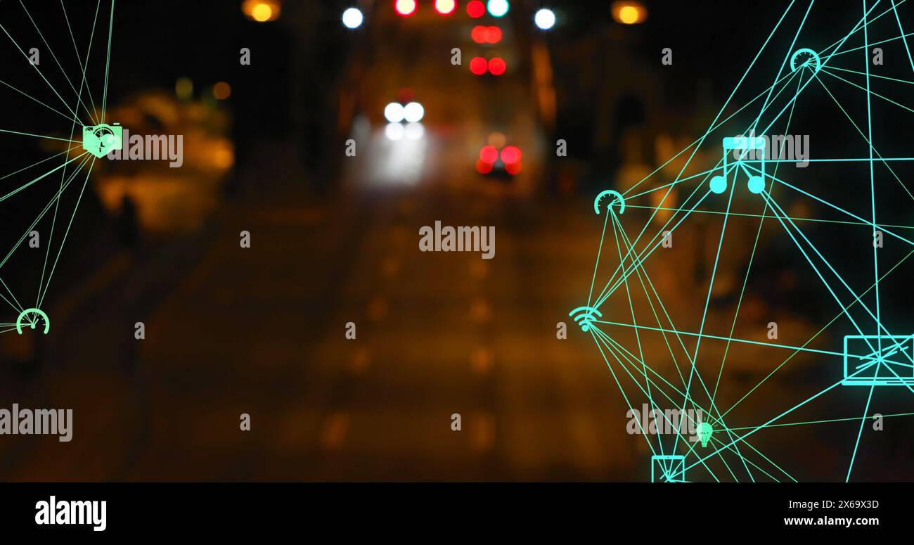 Digital interfaces overlaying blurry city street at night, showing ...