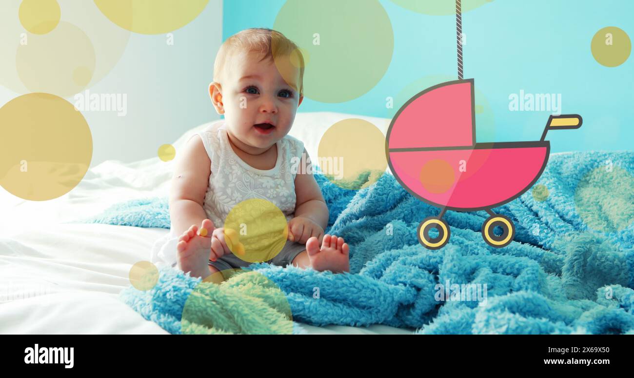 Image of yellow spots and pushchair icon over caucasian baby Stock ...