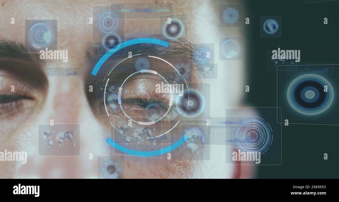 Image of digital icons and scope scanning over caucasian man Stock ...