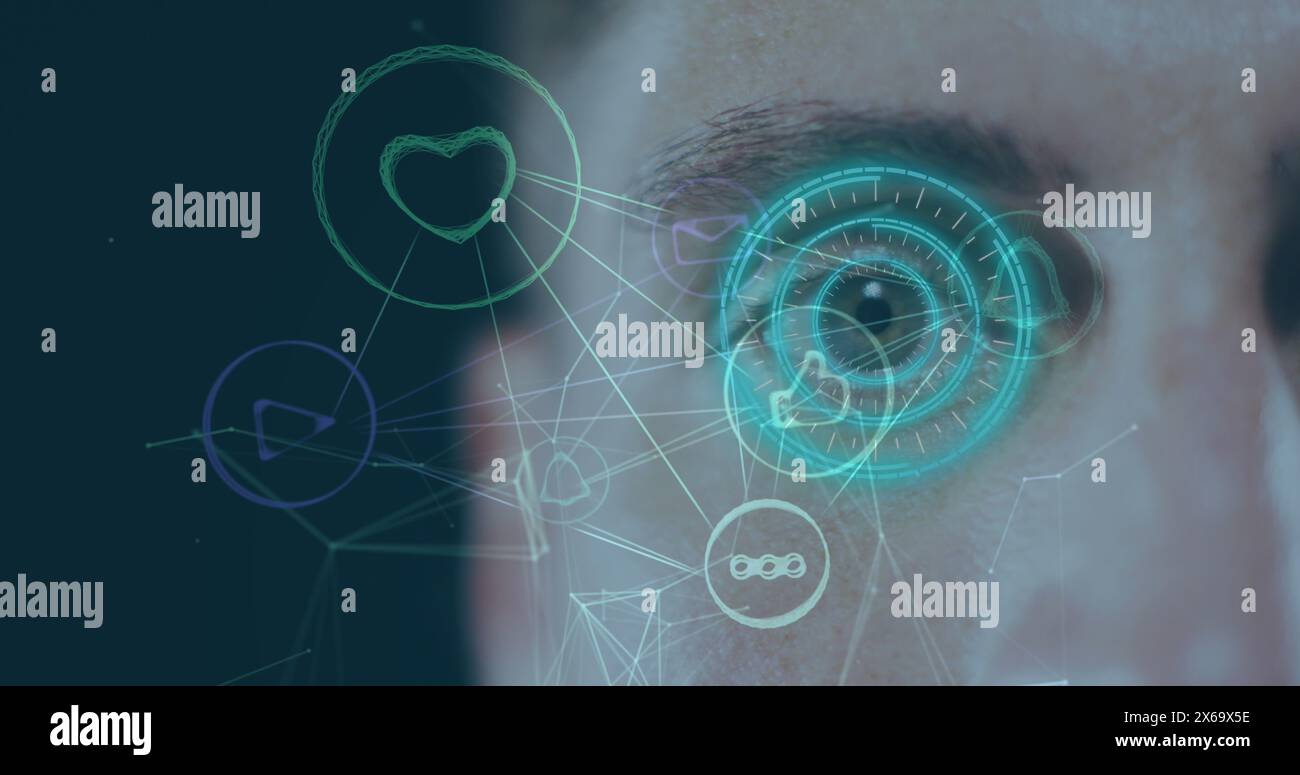 Image of network of connections and scope scanning over caucasian man ...