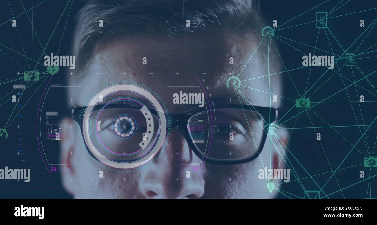 Image of network of connections and scope scanning over caucasian man ...