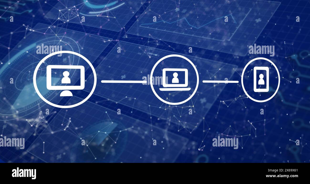 Image of media icons over data processing on blue background Stock ...