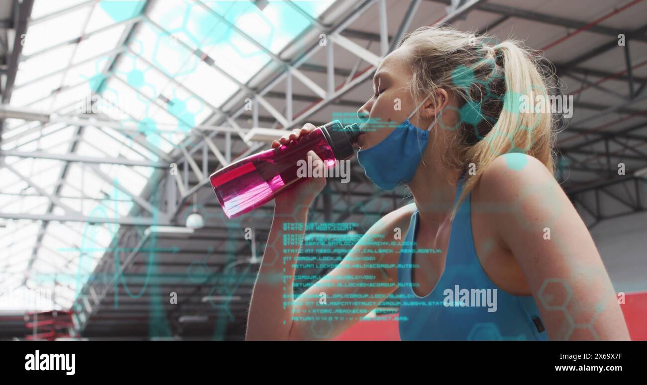 Image of data processing over caucasian women drinking water Stock ...