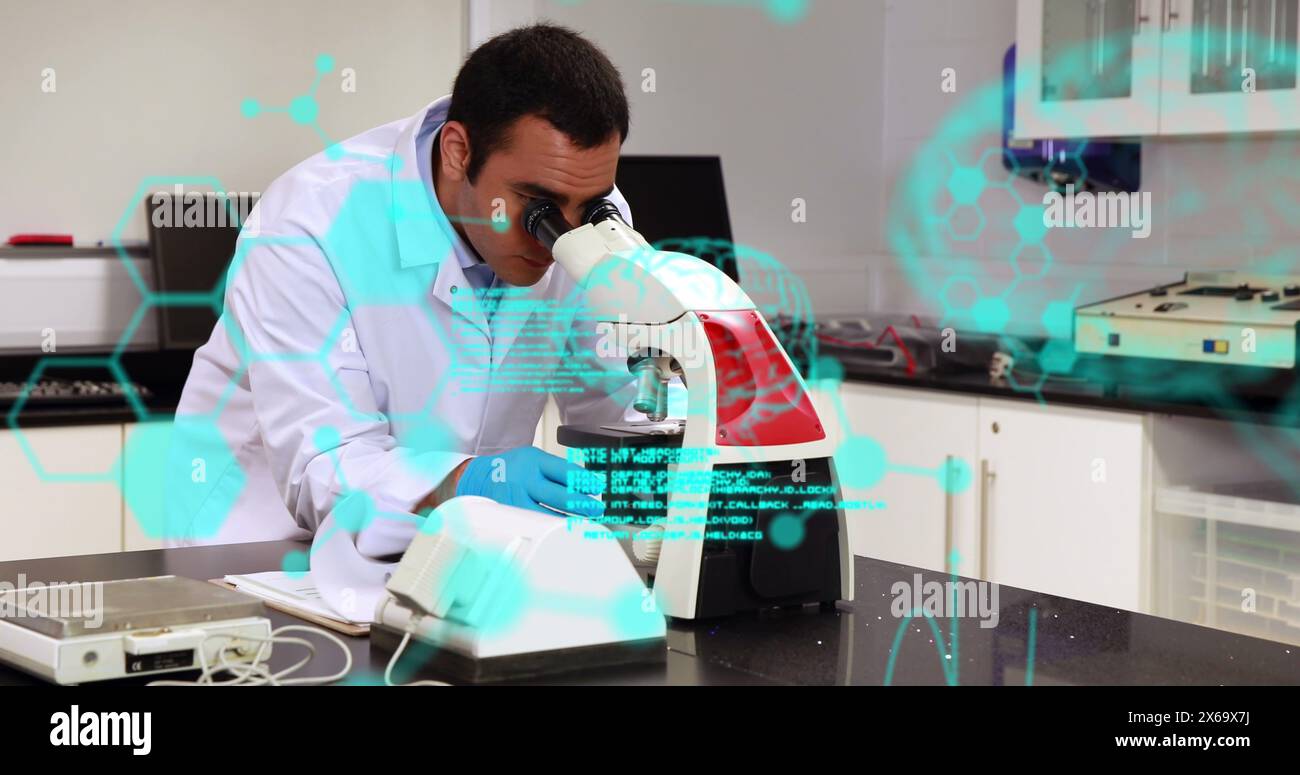 Image of scientific data over biracial male lab worker using microscope ...