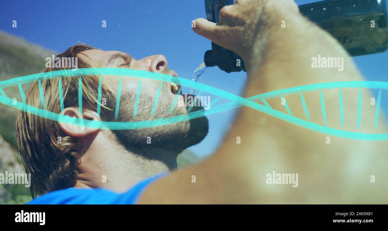 Image of dna strand over caucasian men drinking water Stock Photo - Alamy
