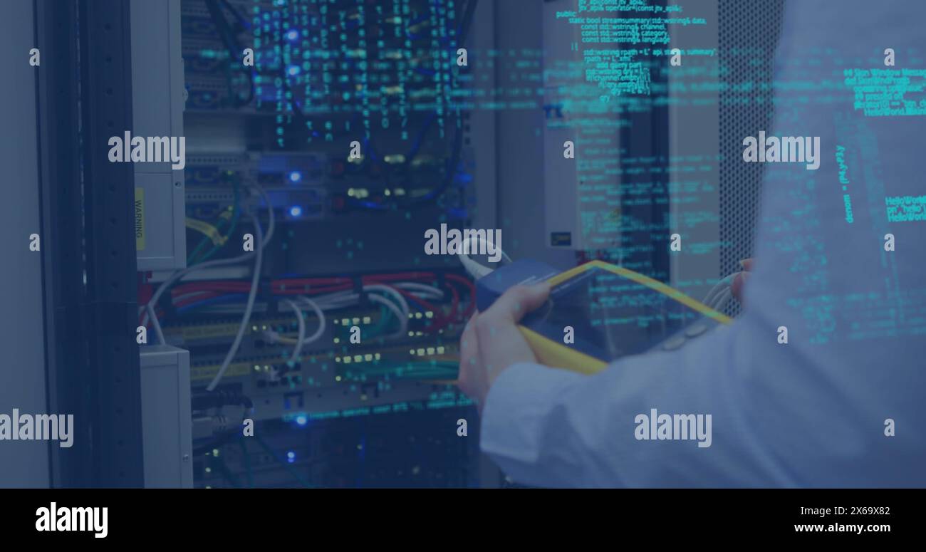 Image of eye over hands of caucasisn man checking servers and data ... Image of eye over hands of caucasisn man checking servers and data ...