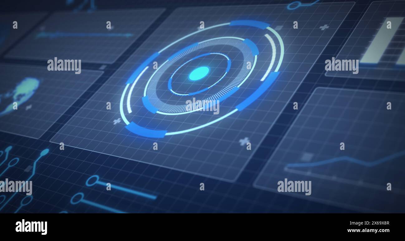 Image of scope scanning and data processing over screens and grid Stock Photo - Alamy
