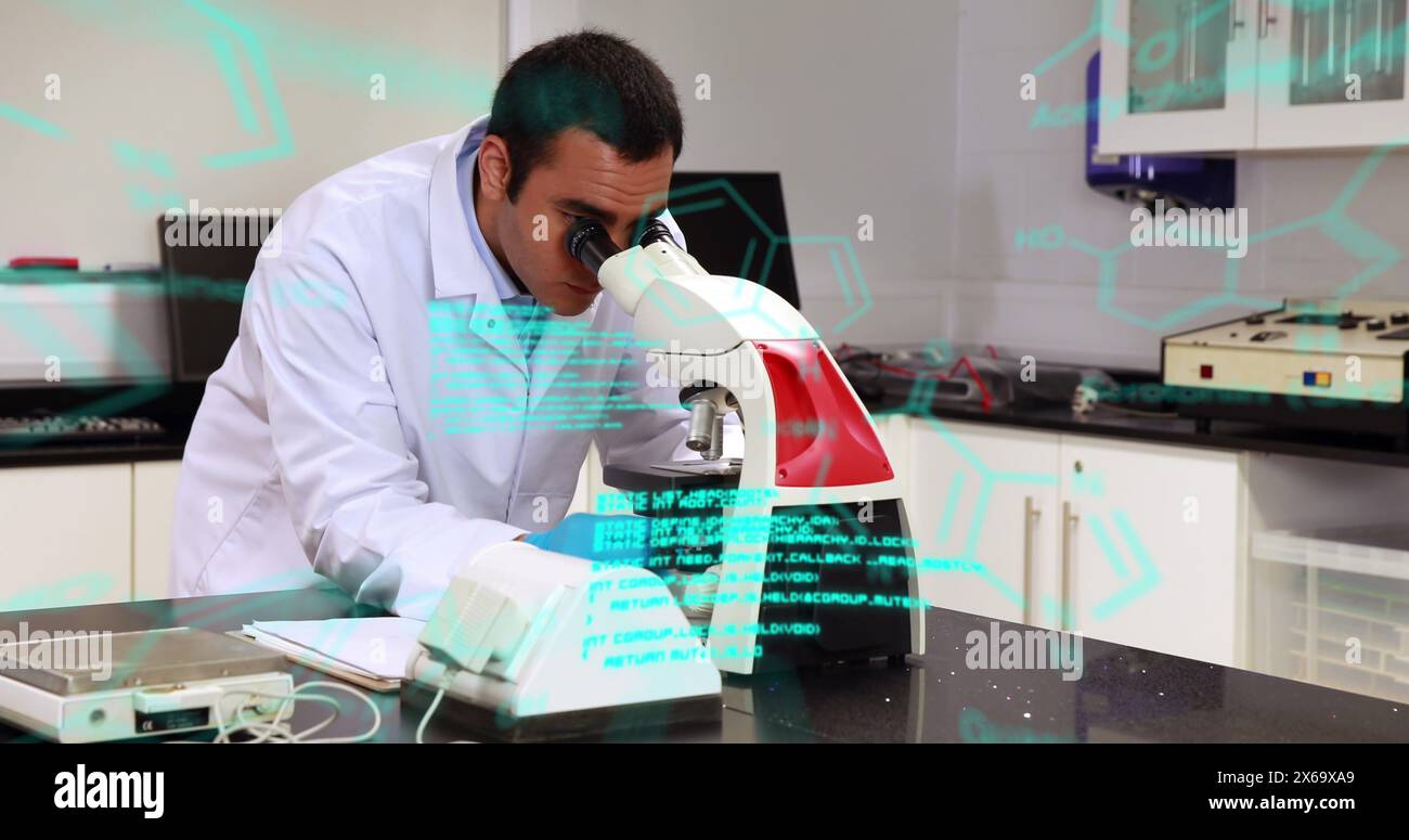 Image of science data processing over male caucasian scientist Stock ...