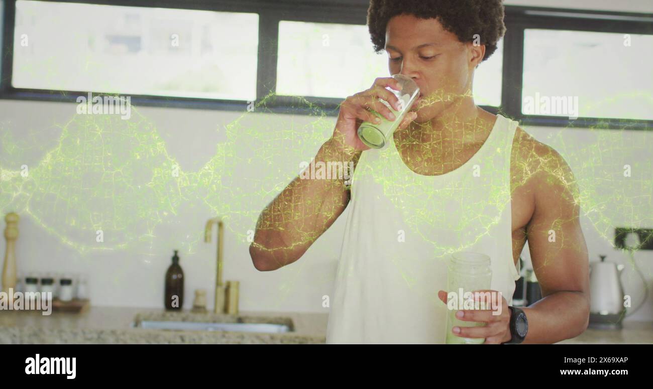 Image of dna strand over african american men drinking water Stock ...