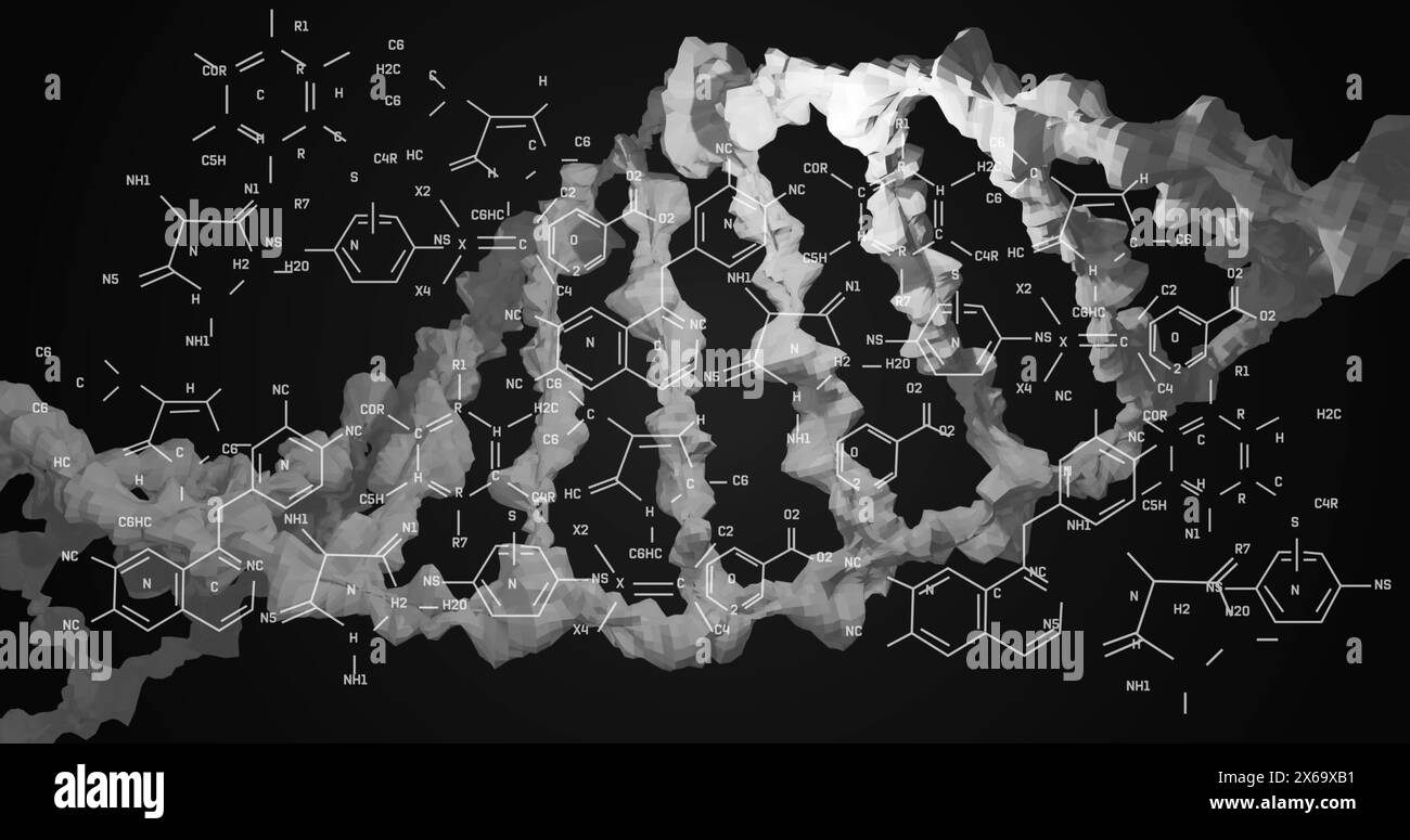 Image of chemical structures over dna strand spinning on black ...