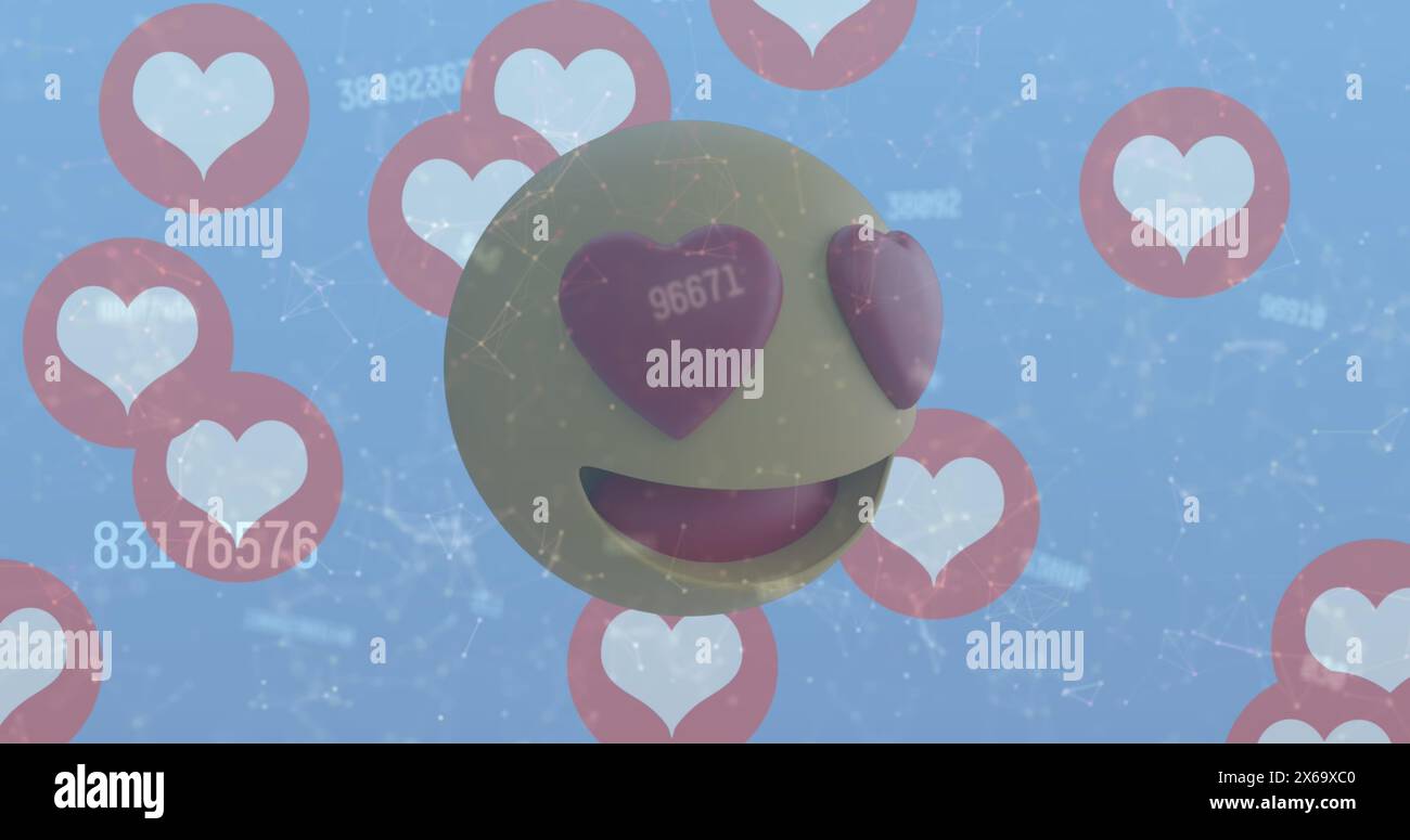 Image of multiple heart icons and network of connections over heart ...