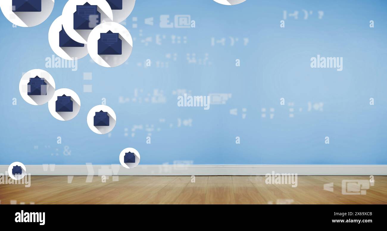 Image of multiple message icons and changing symbols against blue wall ...