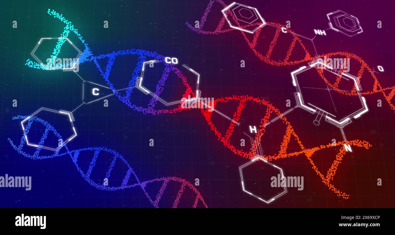 Image of chemical structures over dna strands spinning in background ...