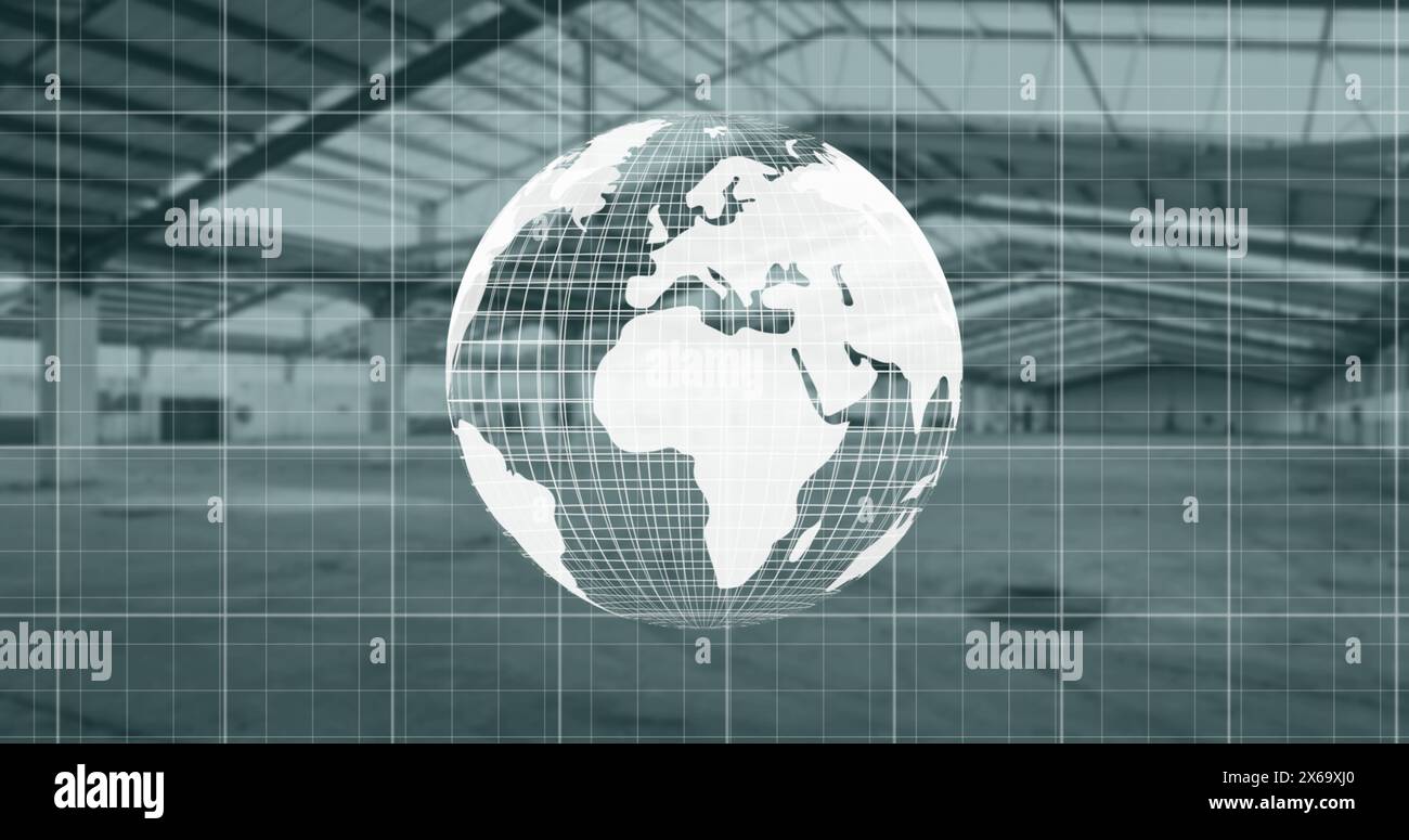 Image of red line graphs moving on globe with grids against building ...