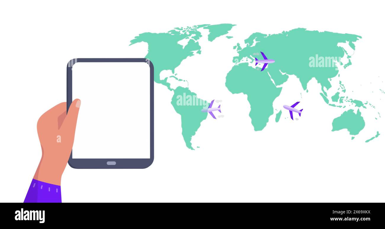Image of world map over hands using tablet Stock Photo - Alamy