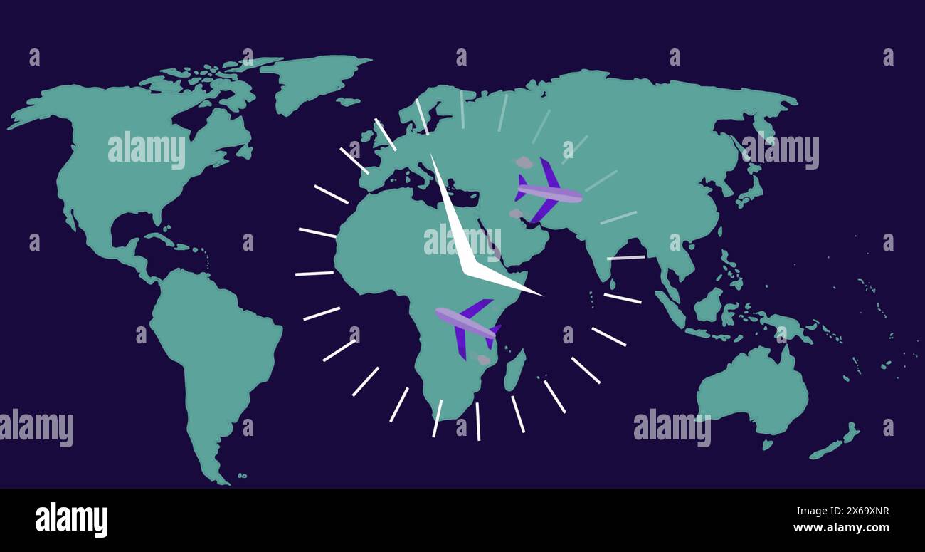 Image of clock moving over planes and world map Stock Photo - Alamy