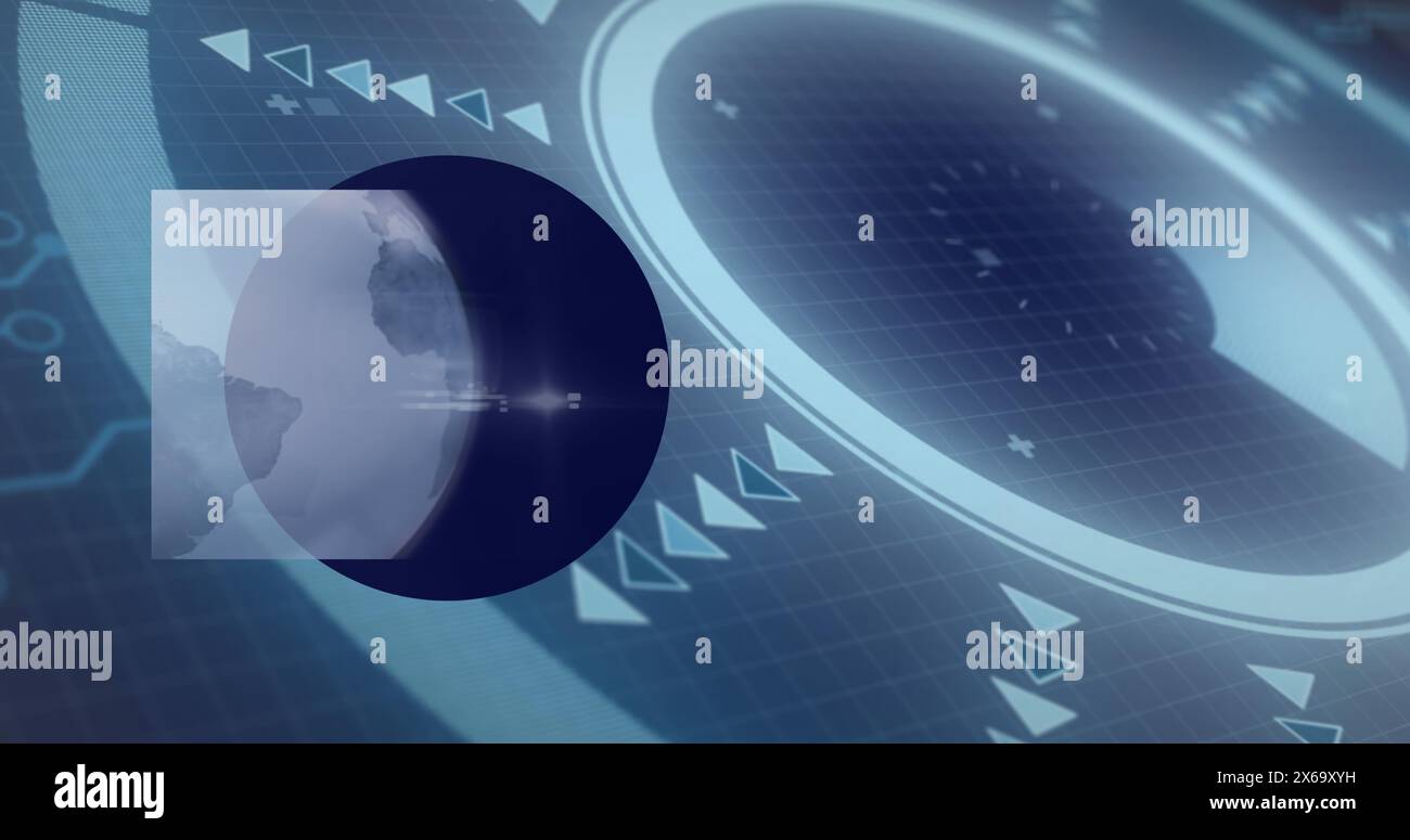 Image of globe over data processing with scope scanning on black ...