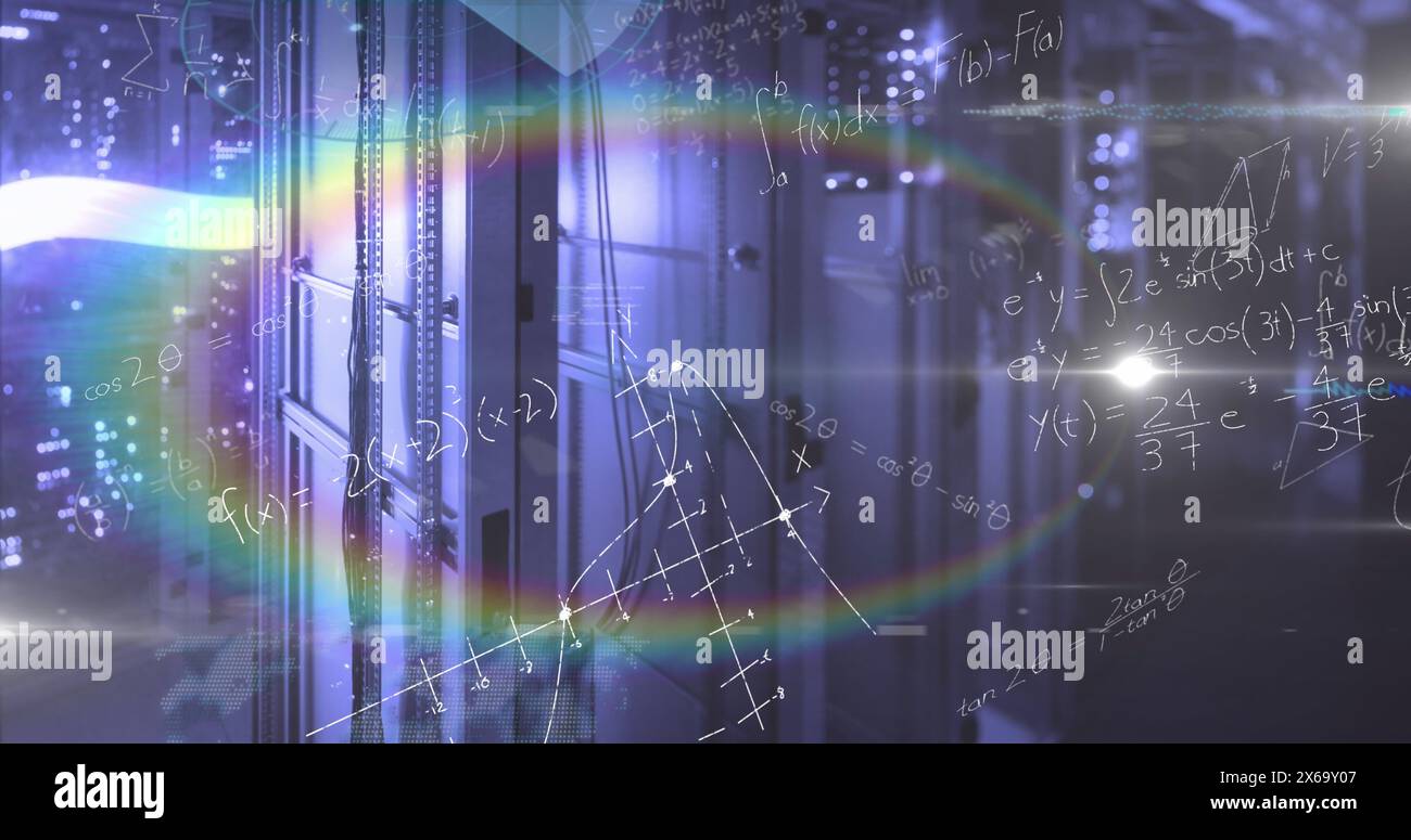 Image of mathematical equations and data processing against rainbow ...
