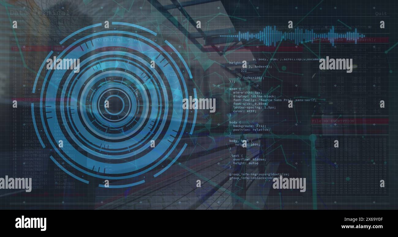 A digital interface and global connection concept image showing a scope scanning and data ...