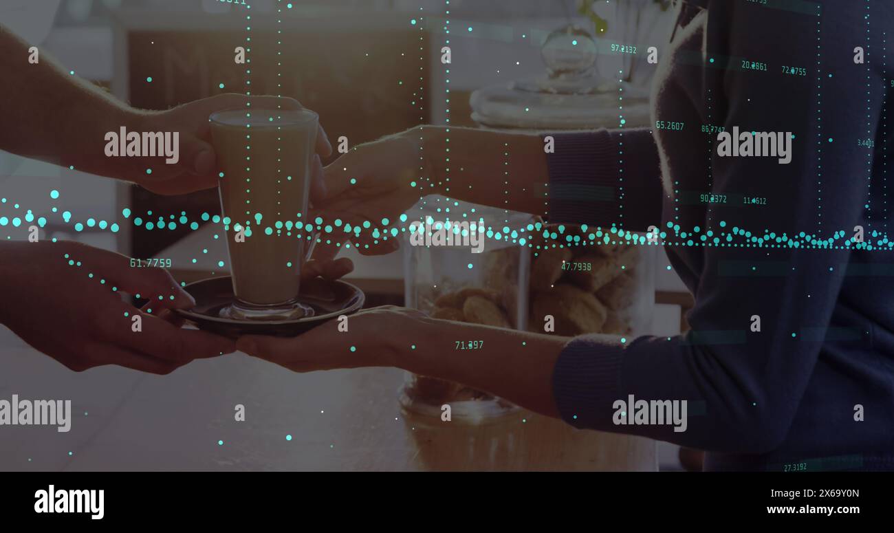 Image of green sports with data processing over woman getting coffee in coffee shop Stock Photo ...