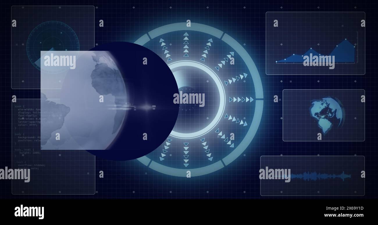 Image of globe over data processing with scope scanning on black ...