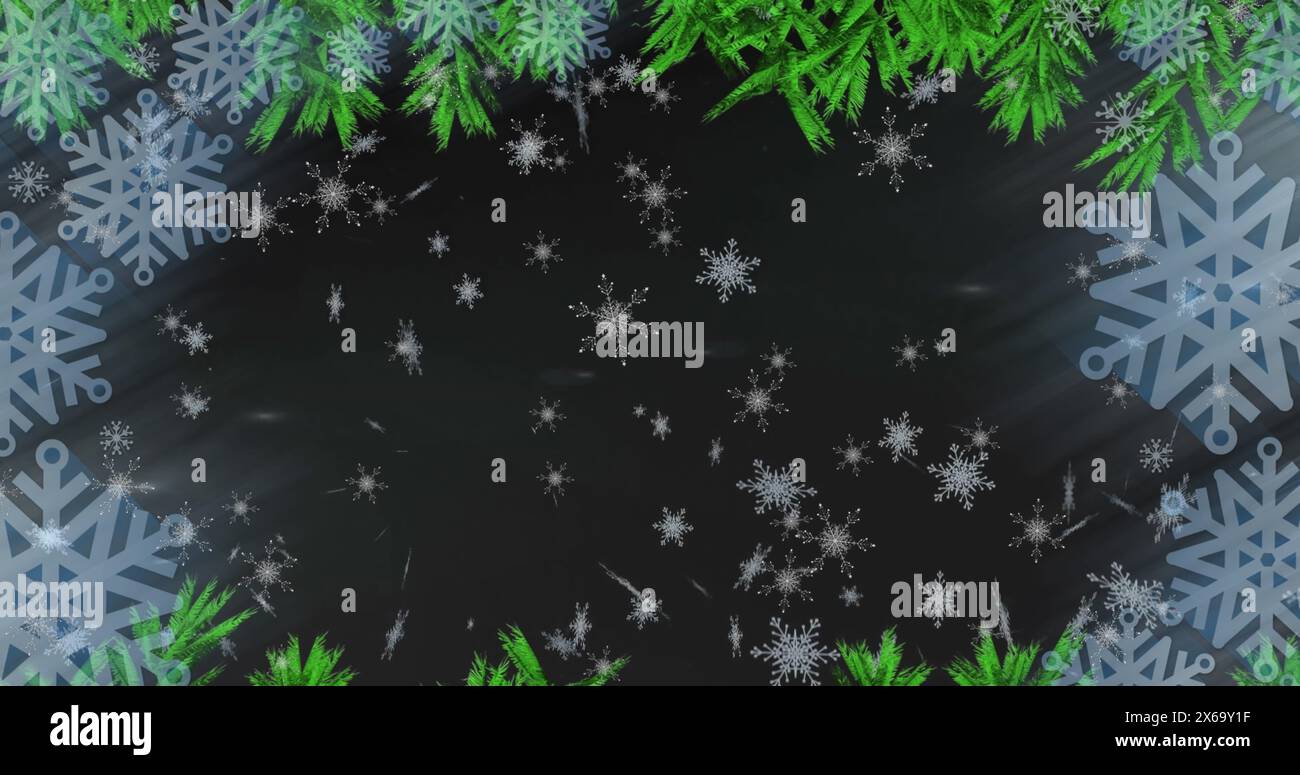 This image is an image of blue snowflakes moving against a black ...