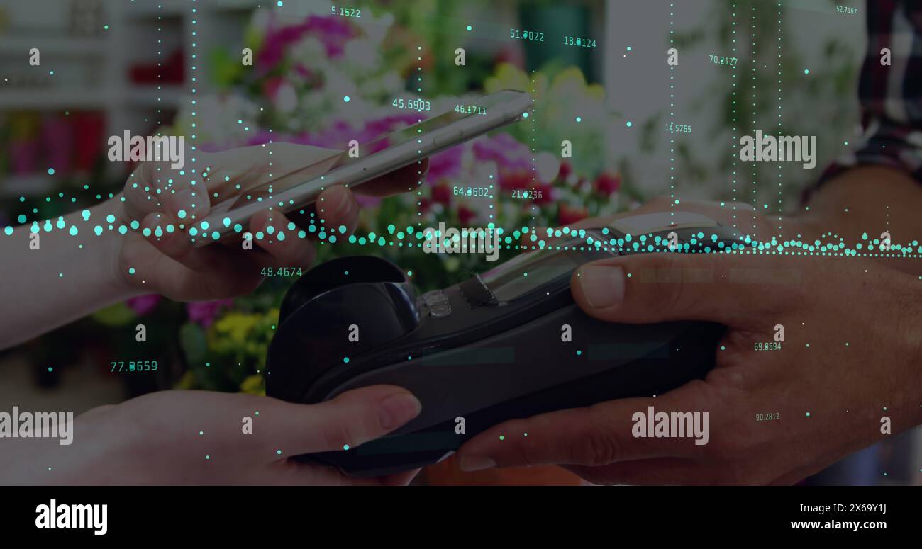 Image of soundwaves with numbers over cropped hands scanning qr code ...