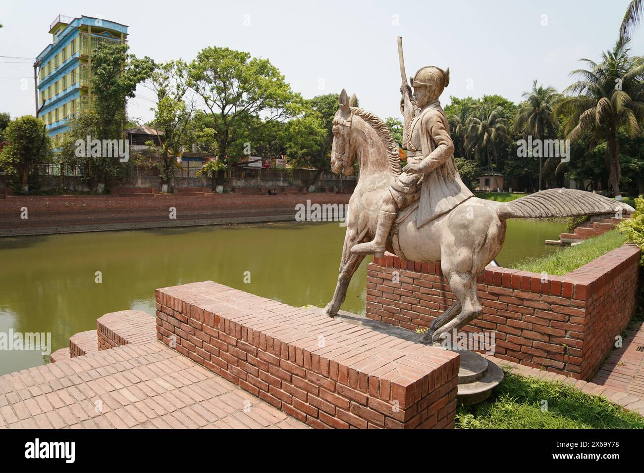 Equestrian statue at the ghat of frontal pond. Baro Shardarbari (Palace ...