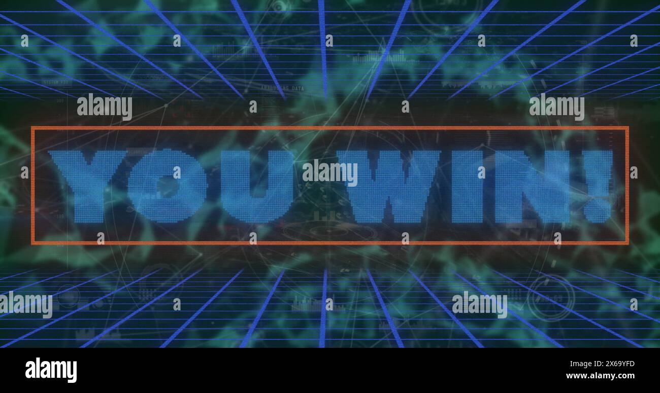 Image of you win text banner and network of connections over grid ...