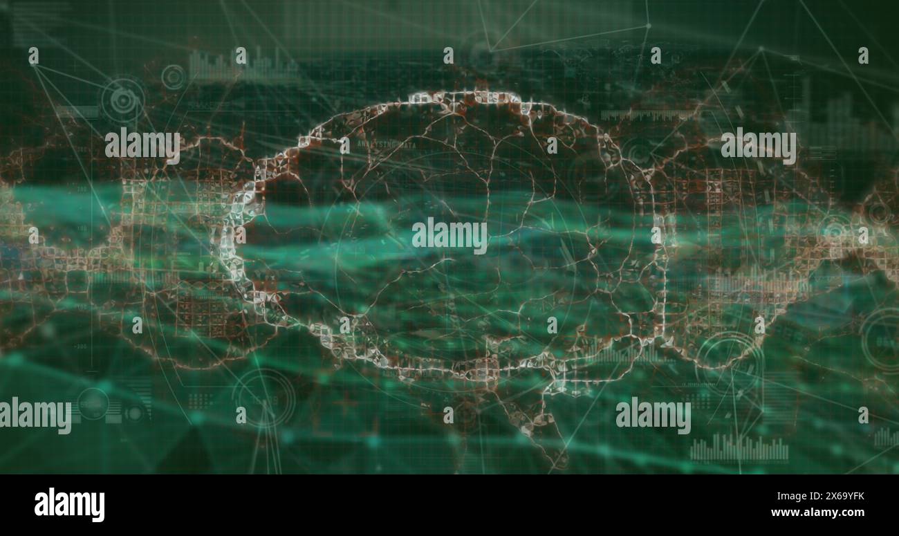 Image of network of connections against spinning human brain icon and ...