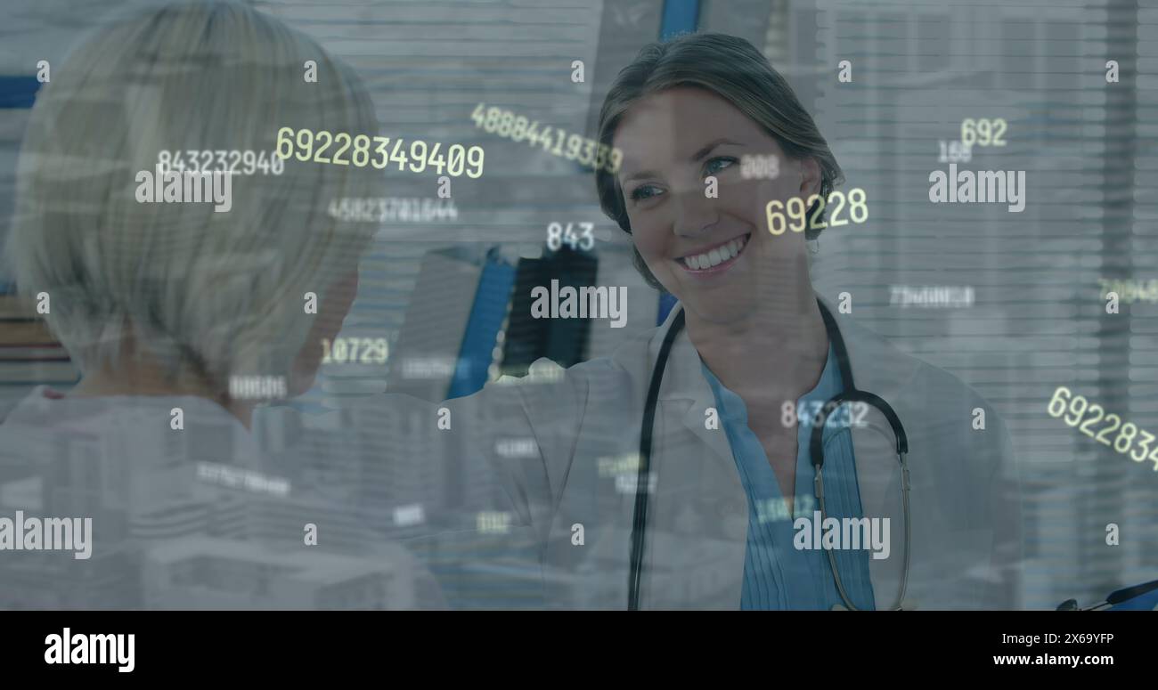 Image of numbers processing over caucasian female doctor with patient ...