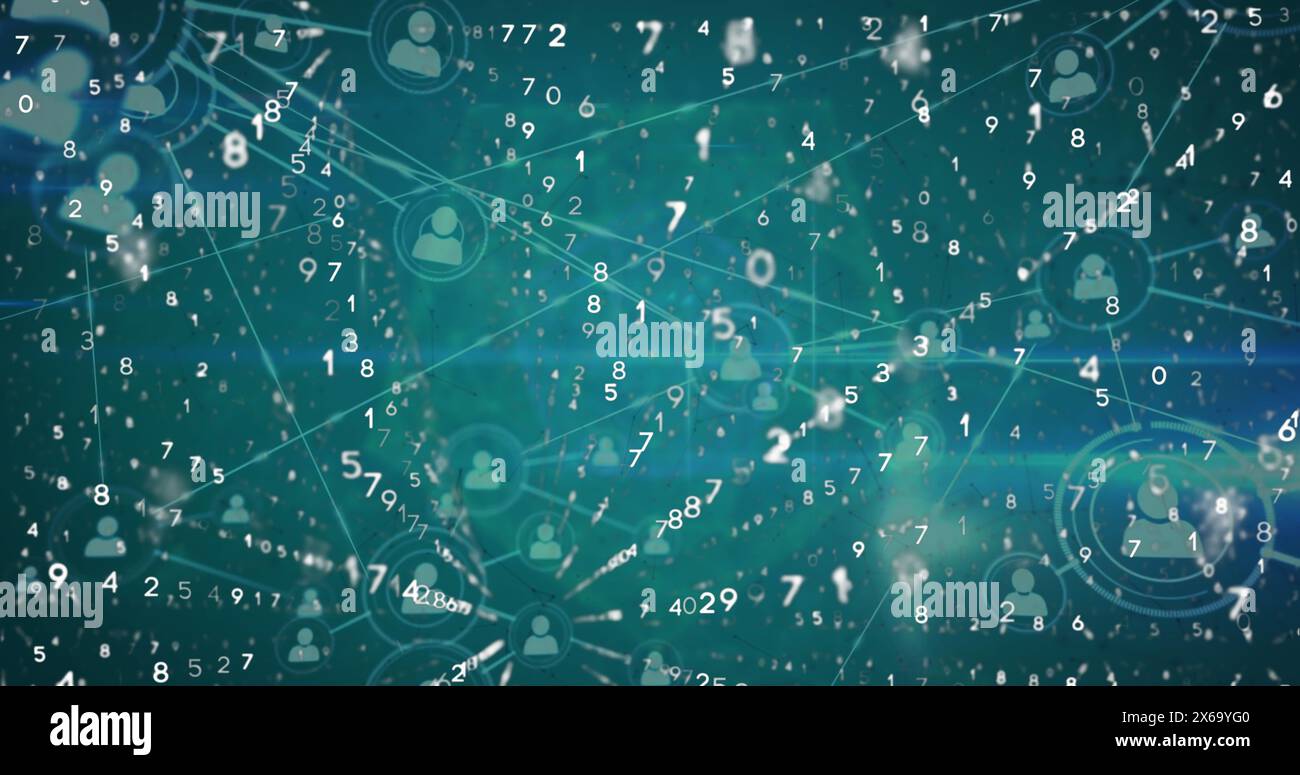 Image of network of profile icons, binary coding and light spot against blue background Stock ...