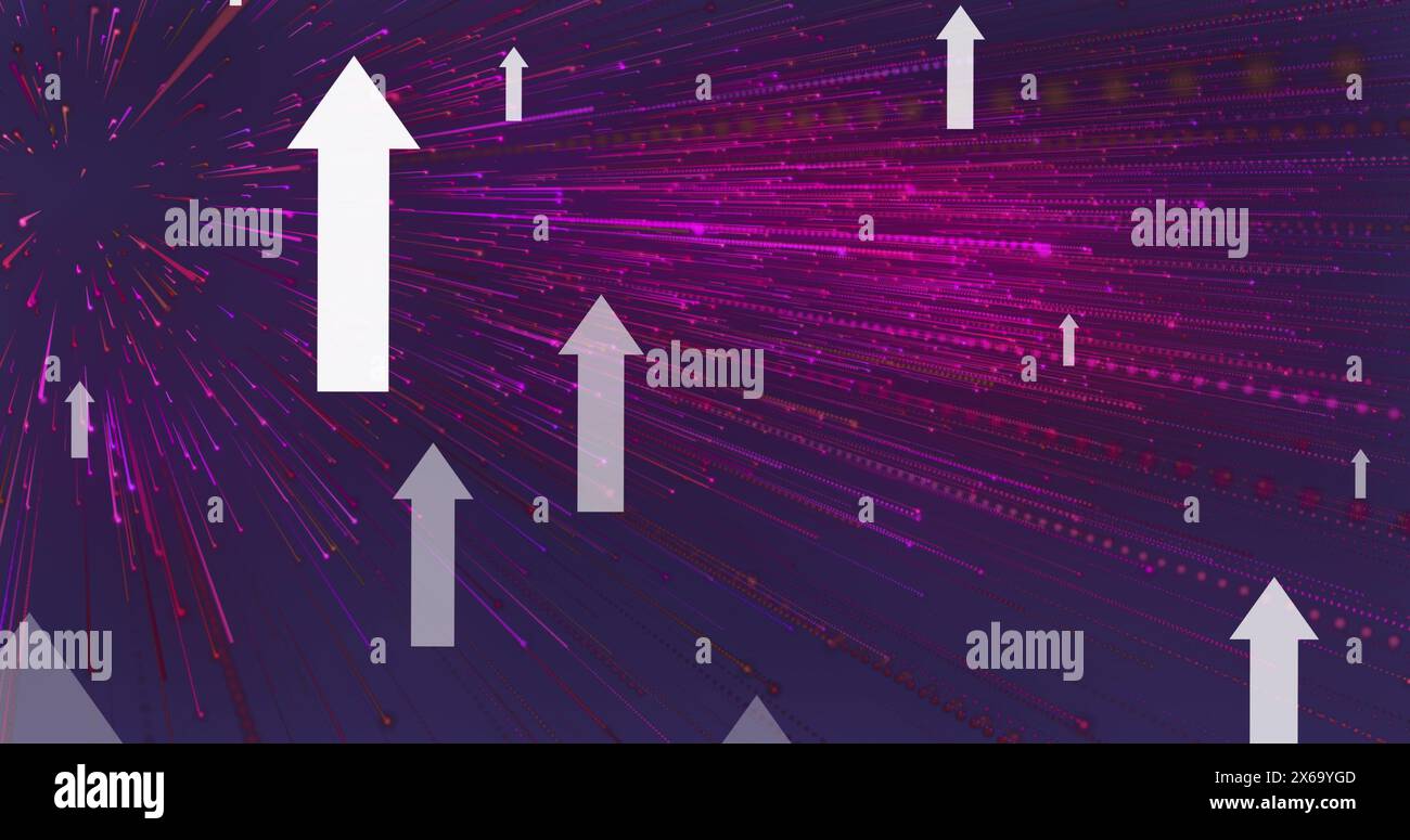 Image of arrows pointing up over pink and purple light trails pattern ...