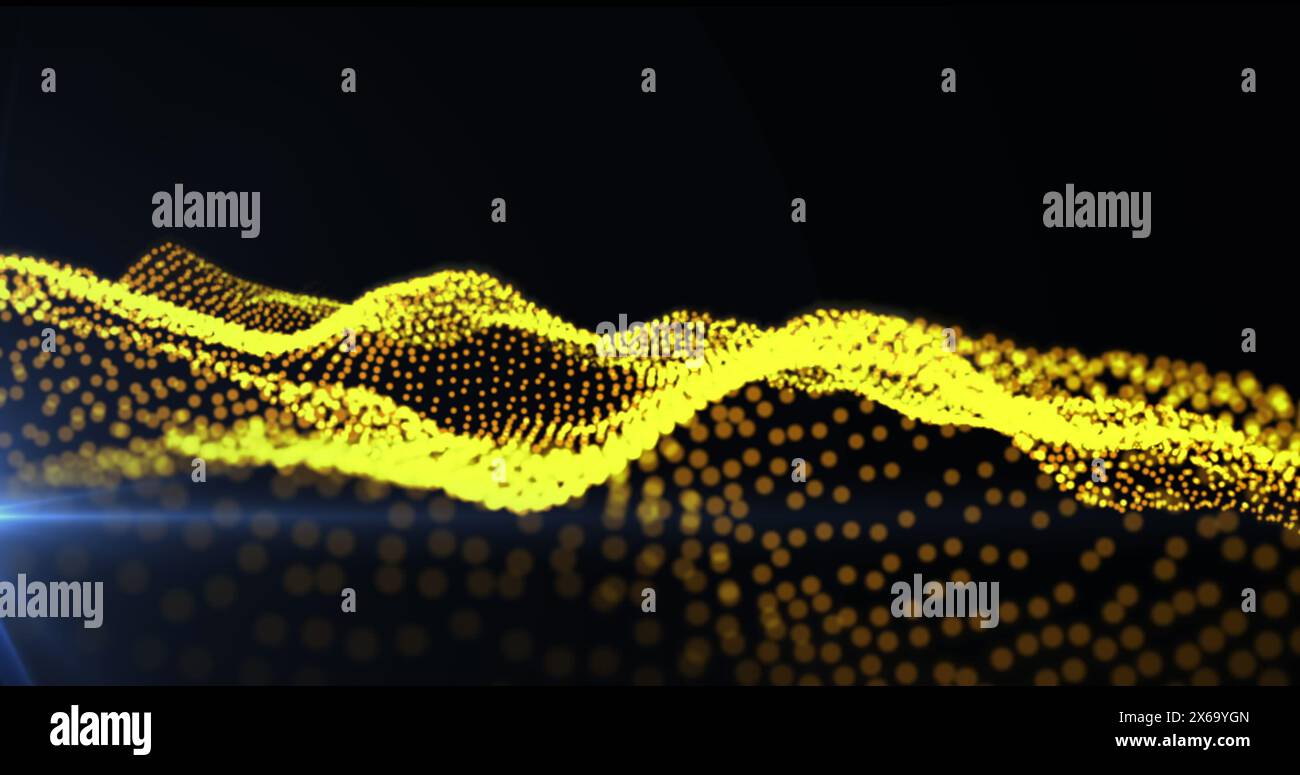 Image of golden glowing digital wave and blue light spot against black ...