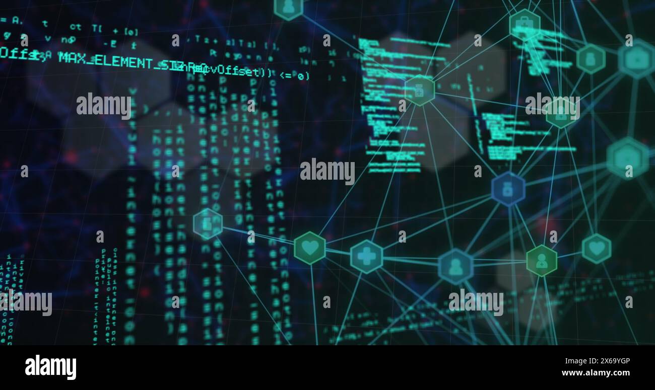 Image of data processing and network of digital icons over hexagonal shapes on black background ...